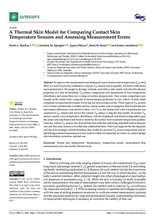 (PDF) A Thermal Skin Model for Comparing Contact Skin Temperature ...