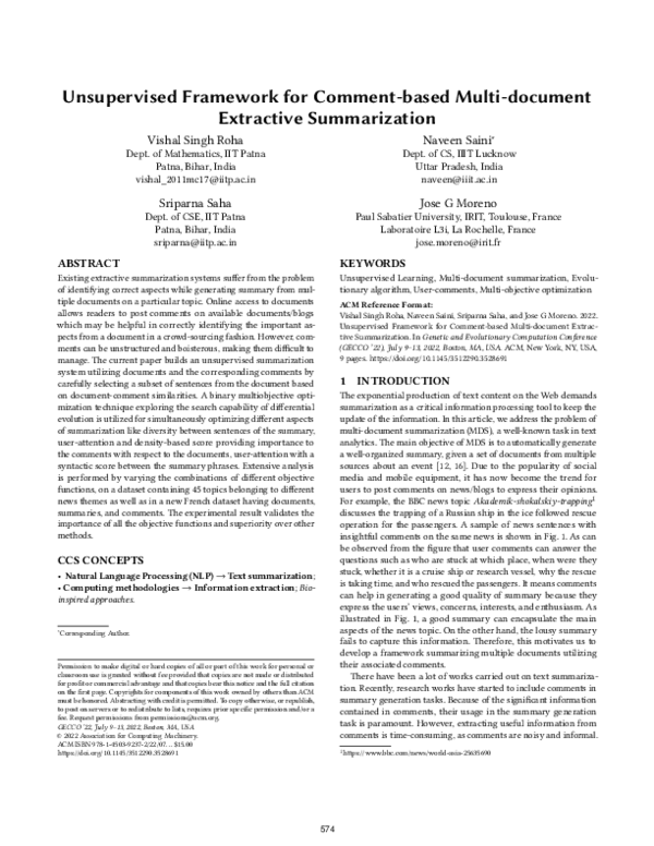 (PDF) Unsupervised framework for comment-based multi-document extractive summarization