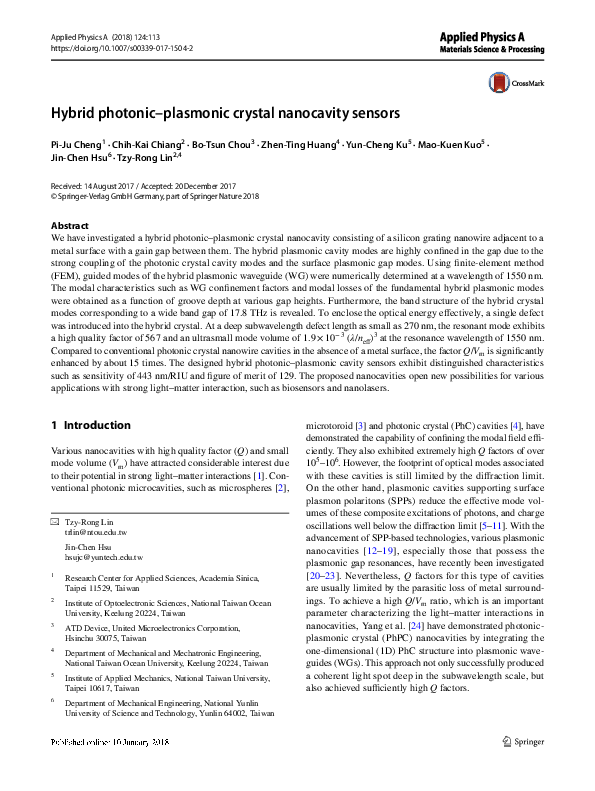 Pdf Hybrid Photonic Plasmonic Crystal Nanocavity Sensors Bo Tsun Chou