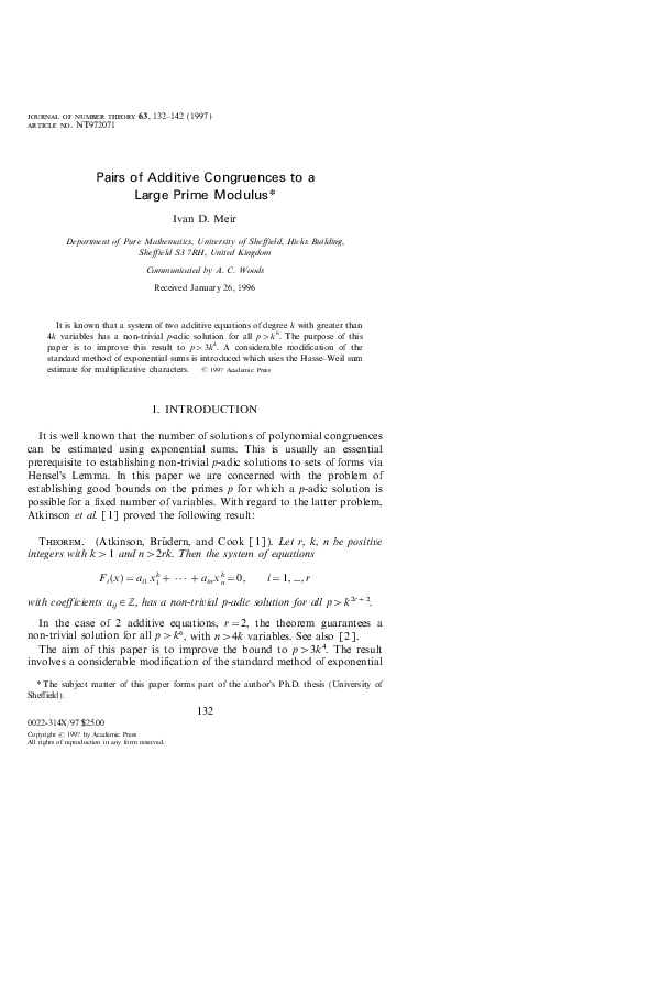 (PDF) Pairs of Additive Congruences to a Large Prime Modulus