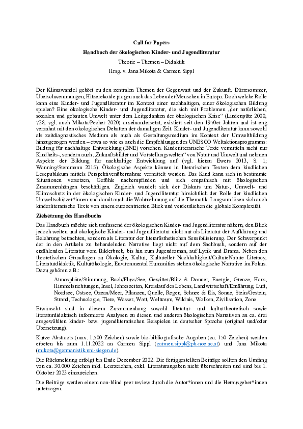 (PDF) Call for Papers: Handbuch der ökologischen Kinder-und ...
