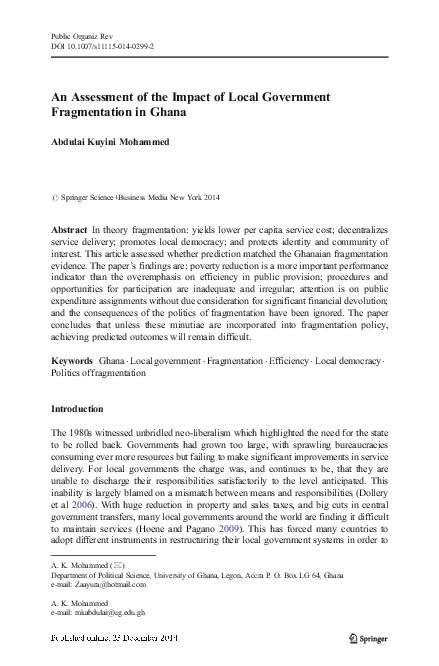 (PDF) An Assessment of the Impact of Local Government Fragmentation in Ghana