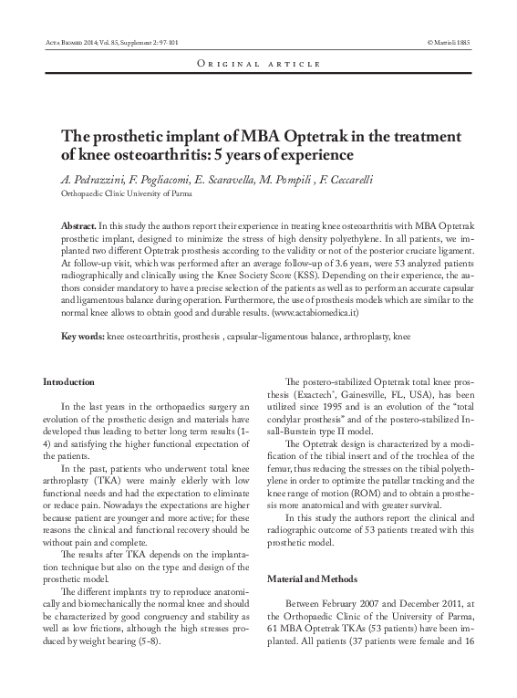 (PDF) The prosthetic implant of MBA Optetrak in the treatment of knee ...