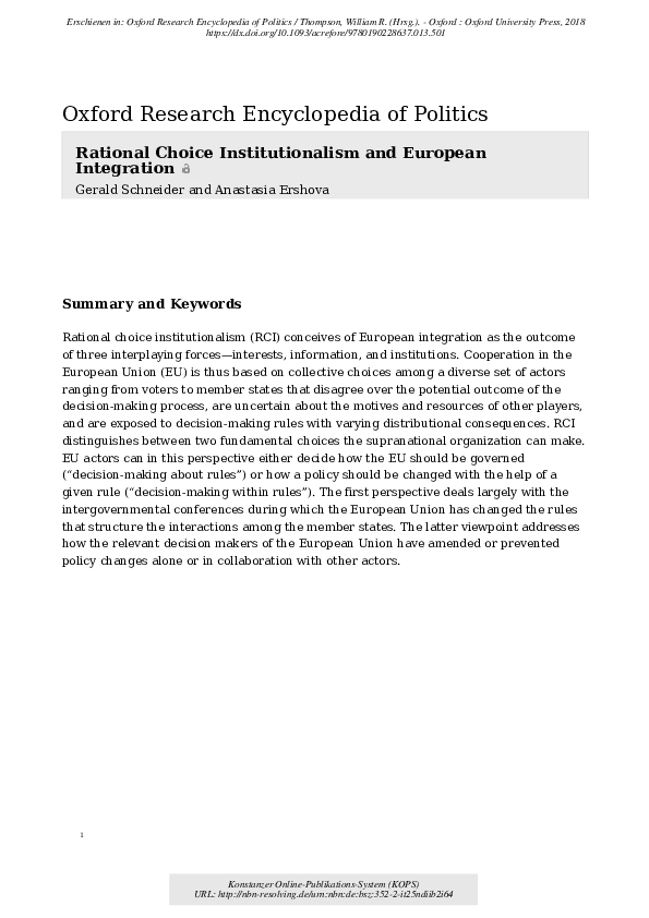 (PDF) Rational Choice Institutionalism and European Integration