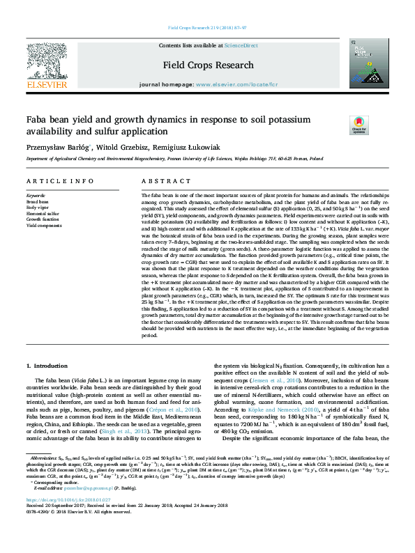 (PDF) Faba bean yield and growth dynamics in response to soil potassium availability and sulfur ...