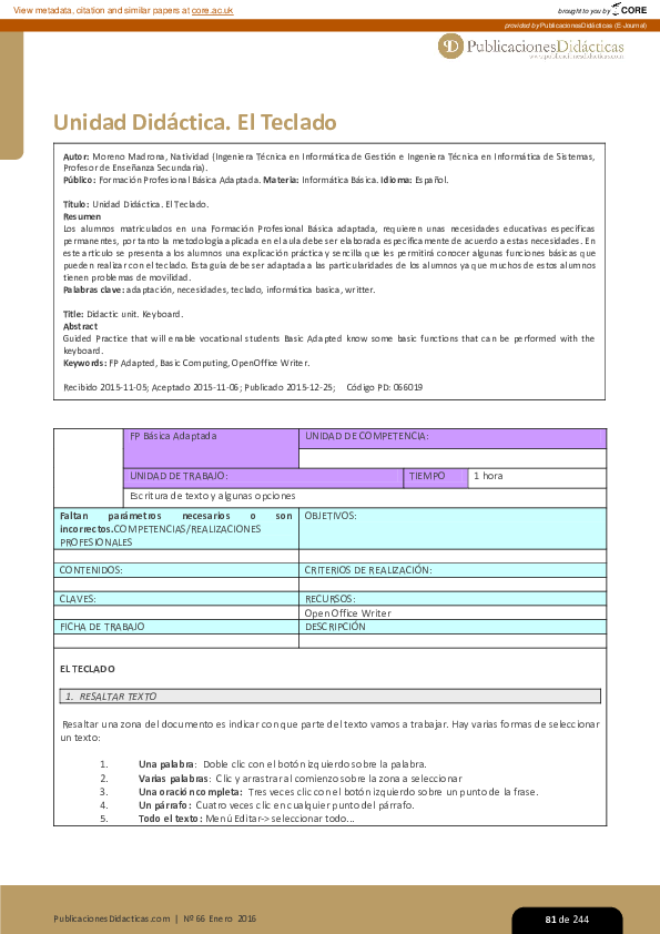 (PDF) Didactic unit. Keyboard