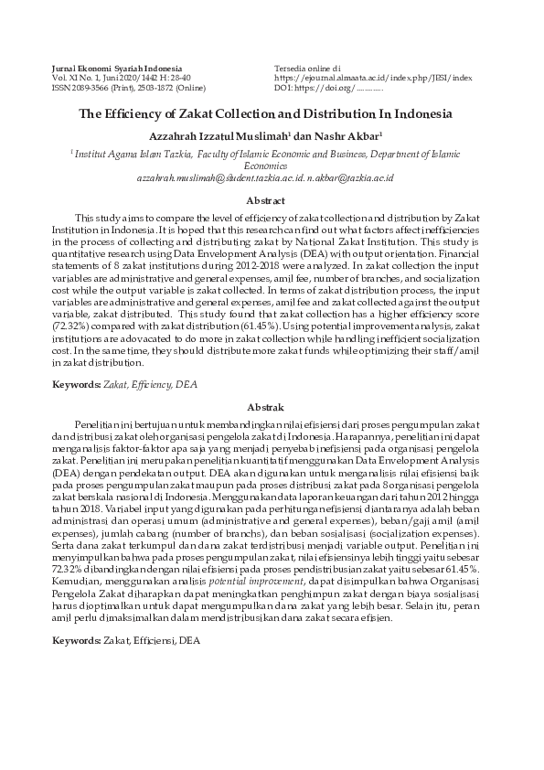 (PDF) The Efficiency of Zakat Collection and Distribution in Indonesia