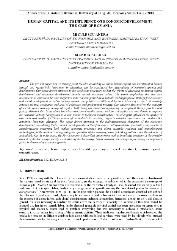(PDF) Human Capital and Its Influence on Economic Development