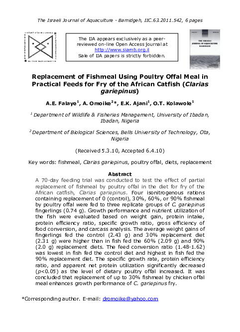 (PDF) Replacement of Fishmeal Using Poultry Offal Meal in Practical ...