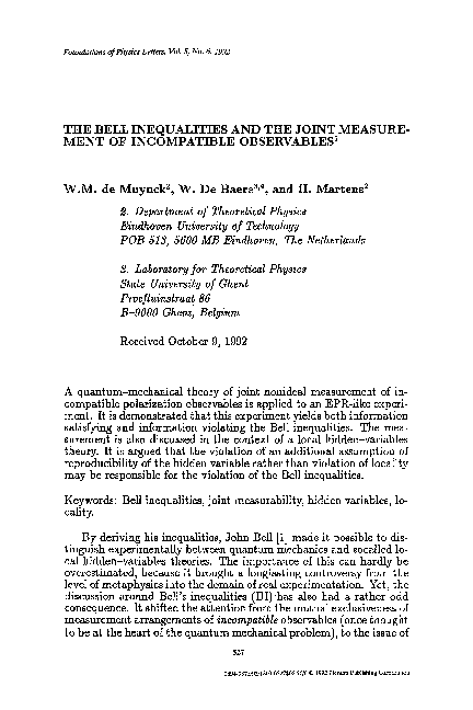(PDF) The Bell inequalities and the joint measurement of incompatible observables