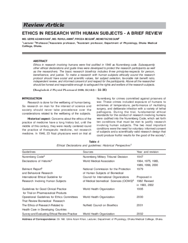 (PDF) Ethics in Research with Human Subjects - A Brief Review
