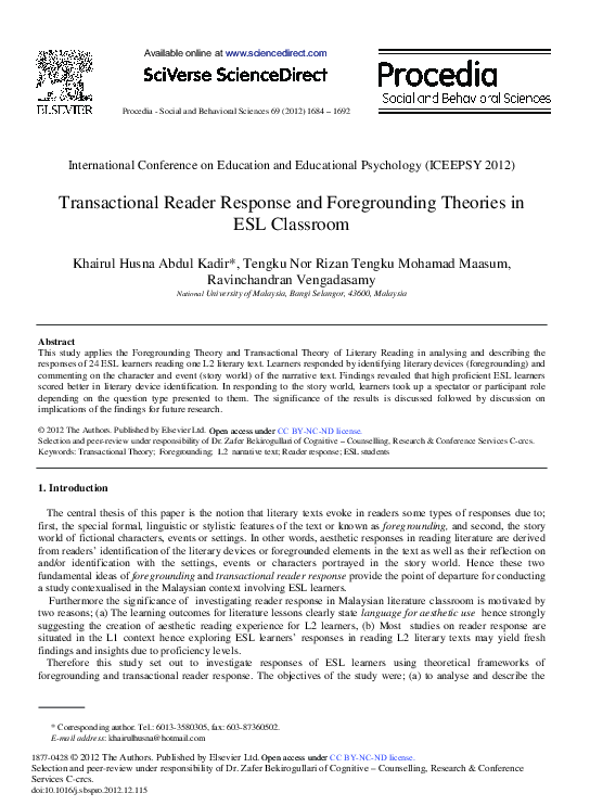 (PDF) Transactional Reader Response and Foregrounding Theories in ESL ...