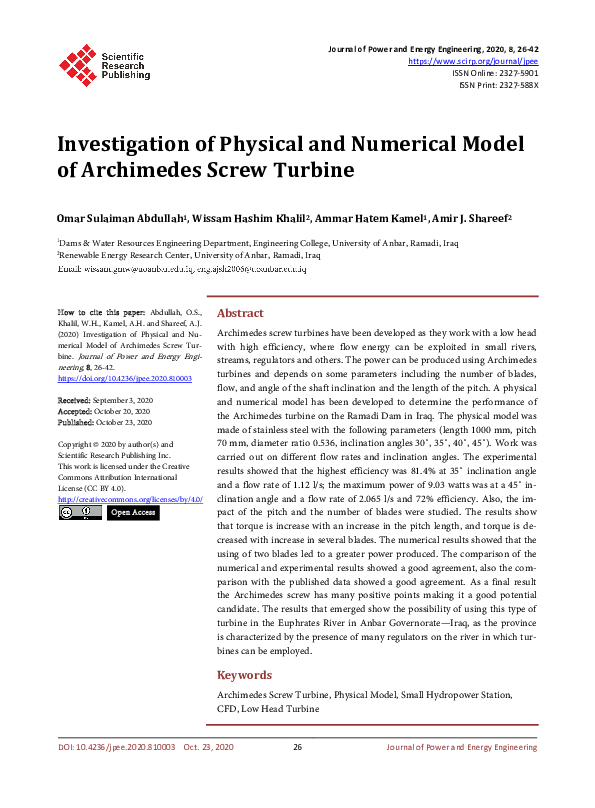 (PDF) Investigation of Physical and Numerical Model of Archimedes Screw Turbine