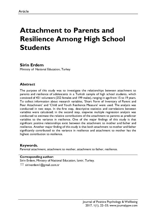 (PDF) Attachment to Parents and Resilience Among High School Students