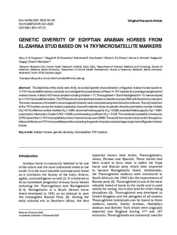 (PDF) Genetic Diversity of Egyptian Arabian Horses from El-Zahraa Stud ...