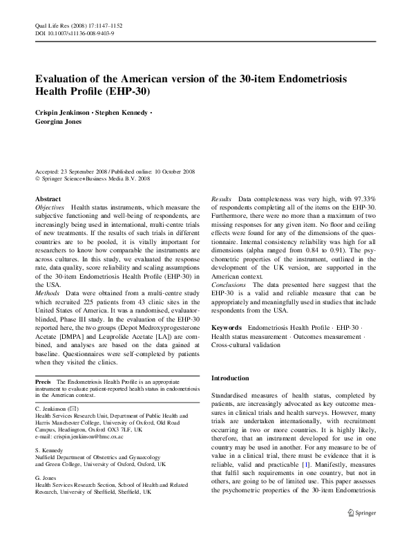 (PDF) Evaluation of the American version of the 30-item Endometriosis ...