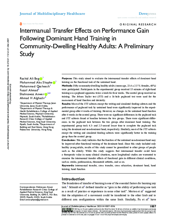 (PDF) Intermanual Transfer Effects on Performance Gain Following ...
