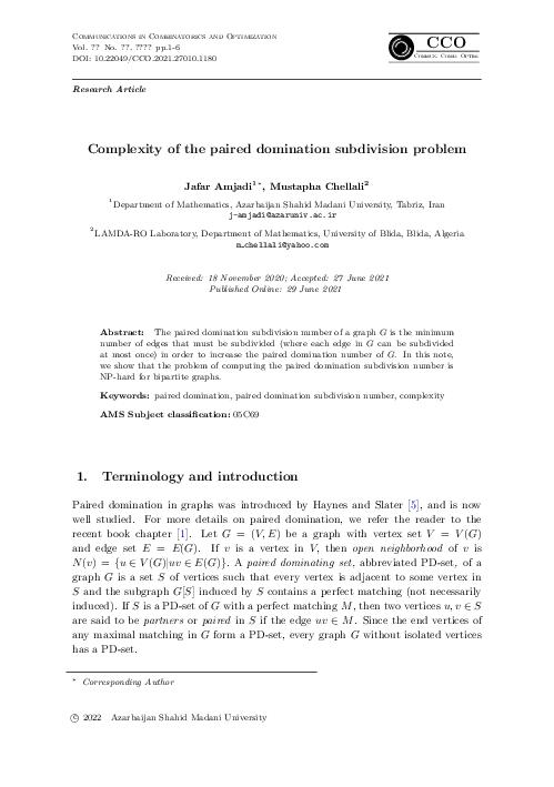 (PDF) Complexity of the paired domination subdivision problem