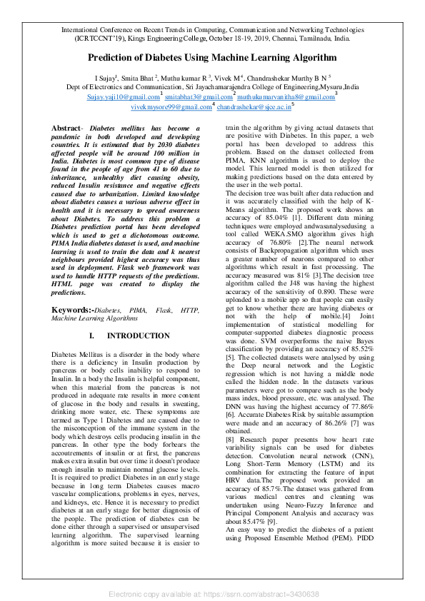 (PDF) Prediction of Diabetes Using Machine Learning Algorithm