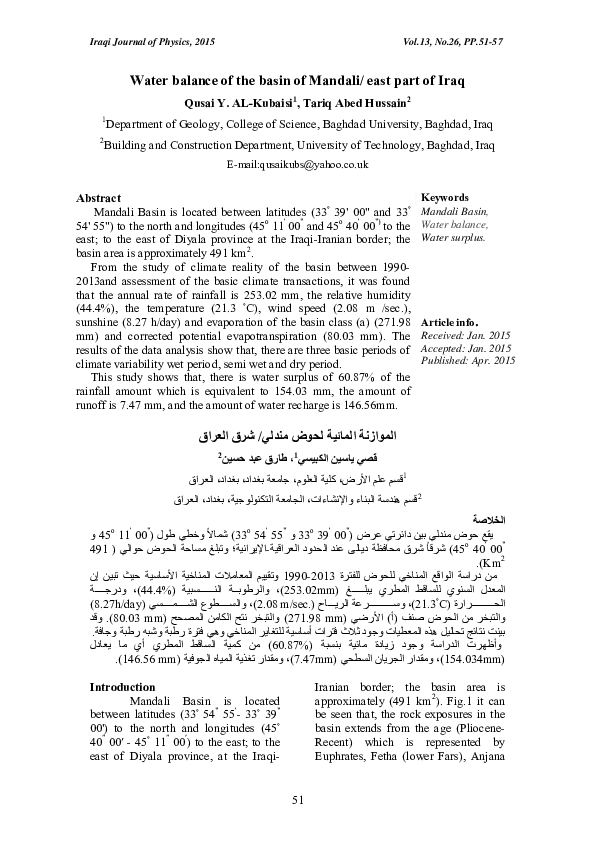 (PDF) Water balance of the basin of Mandali/ east part of Iraq | Tariq ...