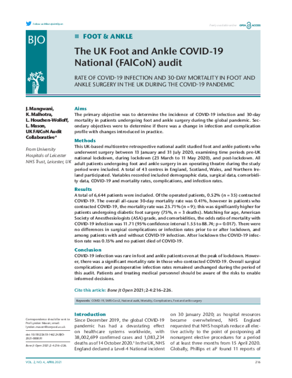 (PDF) The UK Foot and Ankle COVID-19 National (FAlCoN) audit