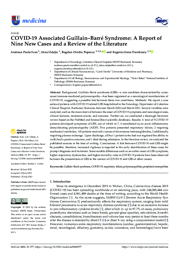 (PDF) COVID-19 Associated Guillain–Barré Syndrome: A Report of Nine New Cases and a Review of ...