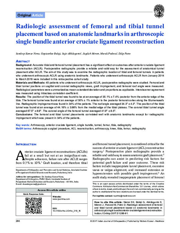 Pdf Radiologic Assessment Of Femoral And Tibial Tunnel Placement
