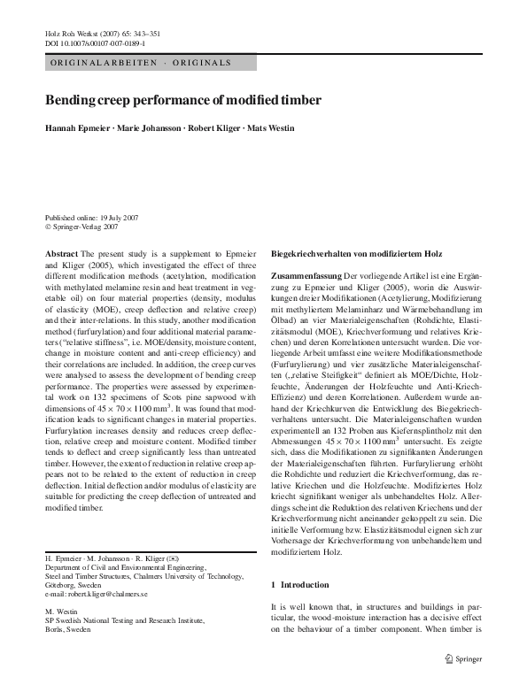 (PDF) Bending creep performance of modified timber
