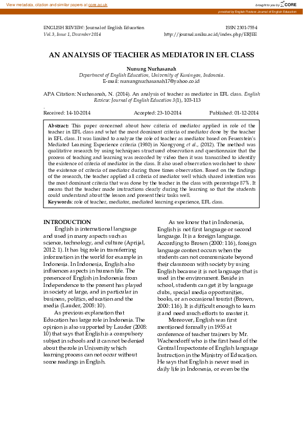 (PDF) An Analysis of Teacher as Mediator in Efl Class