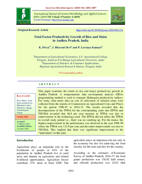 (PDF) Total Factor Productivity Growth of Rice and Maize in Andhra Pradesh, India