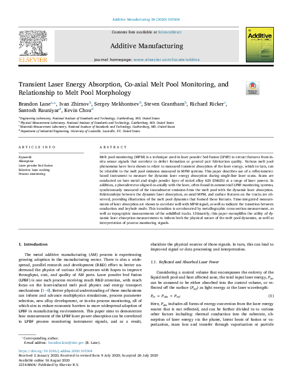 Pdf Transient Laser Energy Absorption Co Axial Melt Pool Monitoring