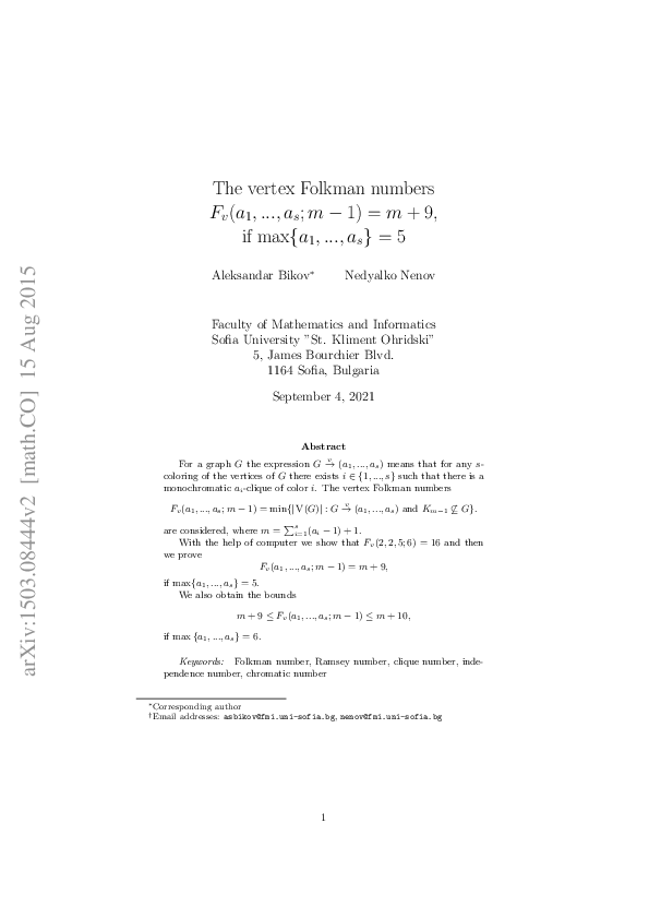 (PDF) The vertex Folkman numbers $F_v(a_1, ..., a_s; m - 1) = m + 9 ...