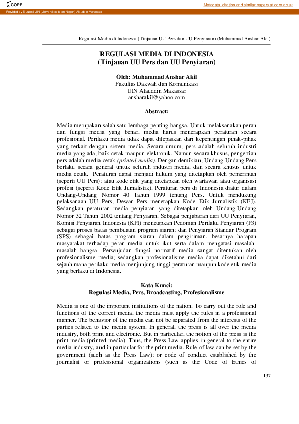 (PDF) Regulasi Media Di Indonesia (Tinjauan UU Pers Dan UU Penyiaran)