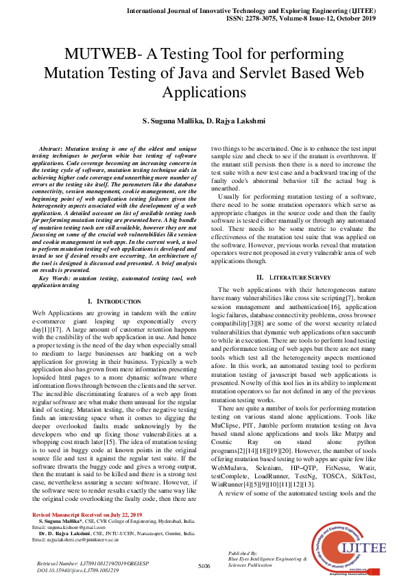 Pdf Mutweb A Testing Tool For Performing Mutation Testing Of Java And Servlet Based Web 