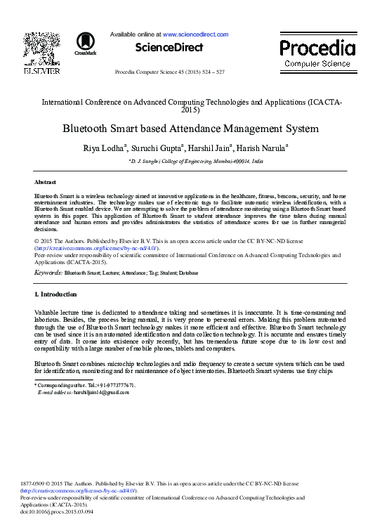 (PDF) Bluetooth Smart Based Attendance Management System