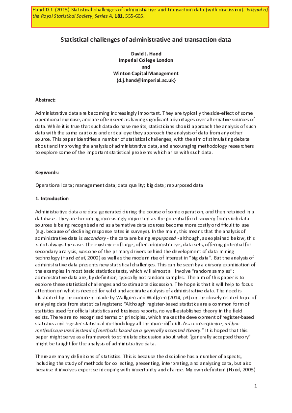 (PDF) Statistical challenges of administrative and transaction data