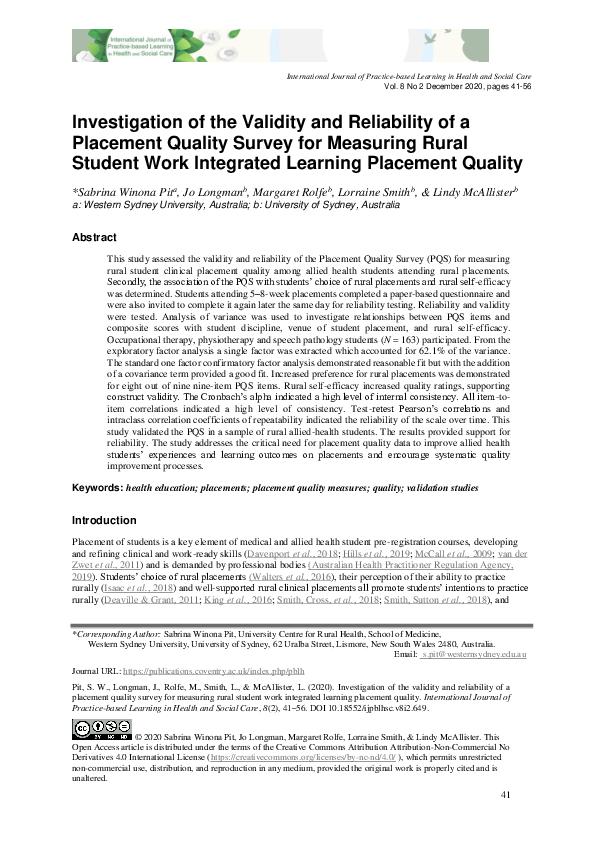 (PDF) Investigation of the Validity and Reliability of a Placement Quality Survey for Measuring ...