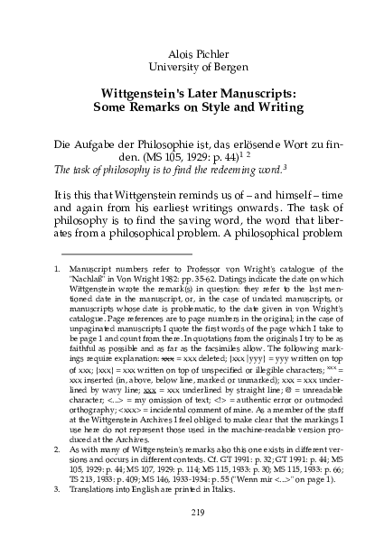 (PDF) Wittgenstein's Later Manuscripts: Some Remarks on Style and ...