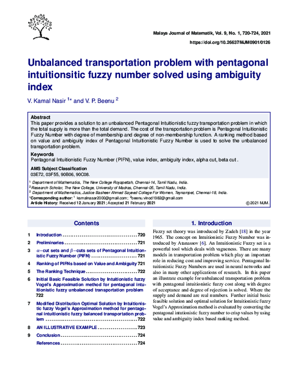 (PDF) Unbalanced transportation problem with pentagonal intuitionsitic fuzzy number solved using ...