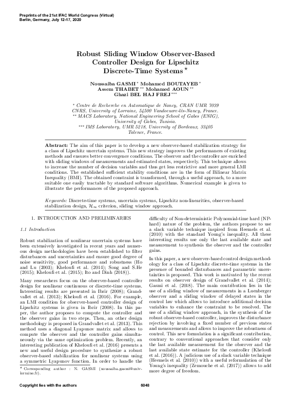 Pdf Robust Sliding Window Observer Based Controller Design For