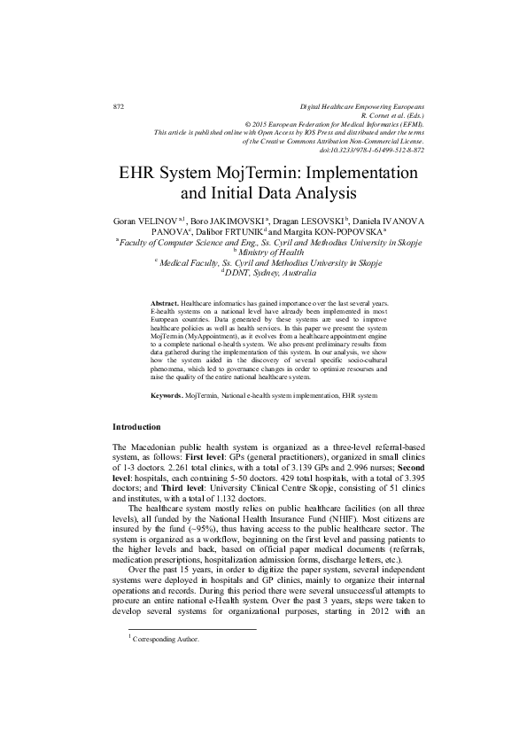 (PDF) EHR System MojTermin: Implementation and Initial Data Analysis
