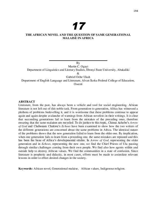 (PDF) The African Novel and the Question of Same Generational Malaise ...