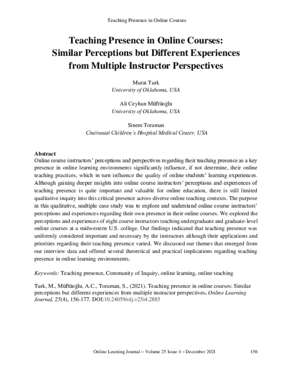 (PDF) Teaching Presence in Online Courses: Similar Perceptions but ...