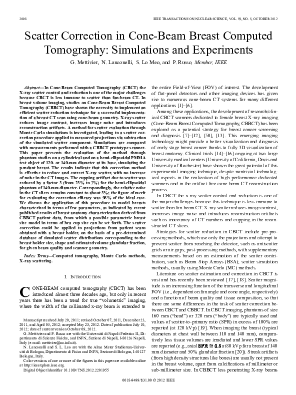(PDF) Scatter Correction in Cone-Beam Breast Computed Tomography: Simulations and Experiments