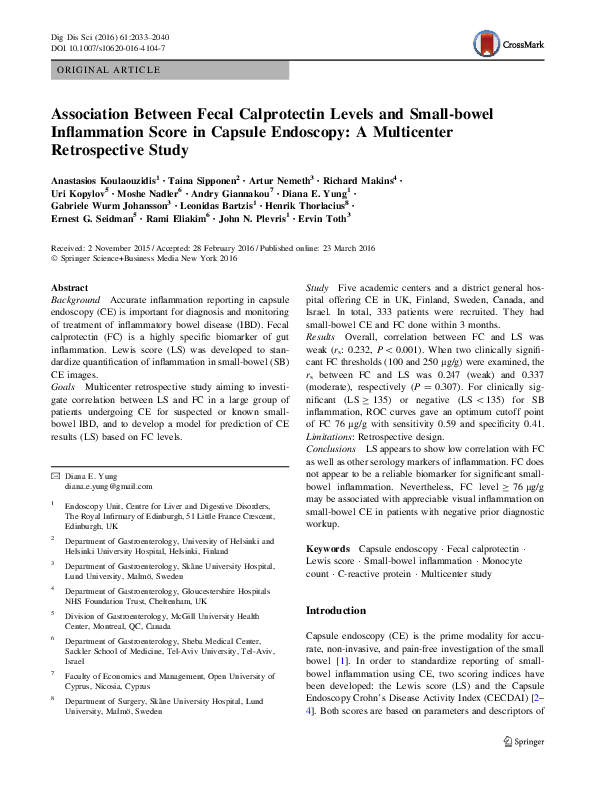 (PDF) Association Between Fecal Calprotectin Levels and Small-bowel Inflammation Score in ...