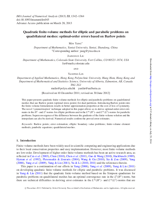 Pdf Quadratic Finite Volume Methods For Elliptic And Parabolic Problems On Quadrilateral