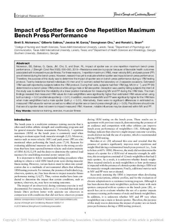 (PDF) Impact of Spotter Sex on One Repetition Maximum Bench Press Performance