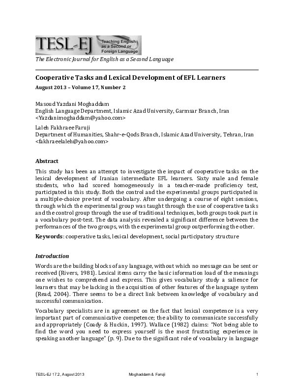 (PDF) Cooperative Tasks and Lexical Development of EFL Learners