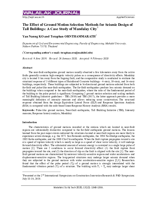 (PDF) The Effect of Ground Motion Selection Methods for Seismic Design of Tall Buildings: A Case ...