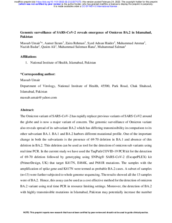 Pdf Genomic Surveillance Of Sars Cov 2 Reveals Emergence Of Omicron Ba 2 In Islamabad Pakistan